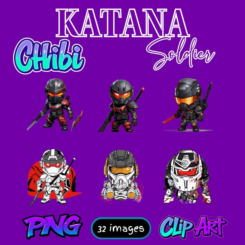 Katana Soldier Chibi Clip Art Bundle 32 Pngs, Futuristic Samurai ...