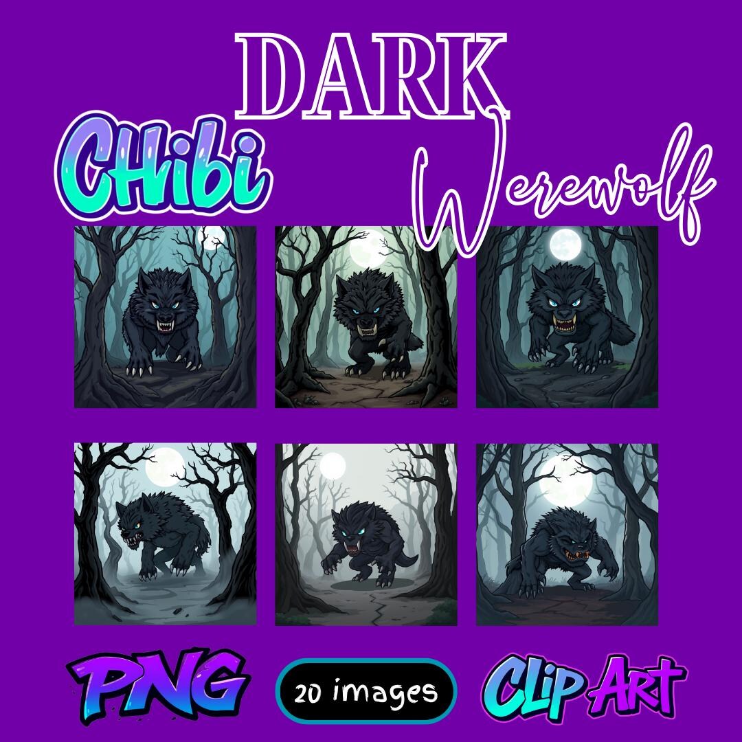 Dark Werewolf Chibi Clipart Pack 20 PNG Images Spooky Werewolf Designs ...