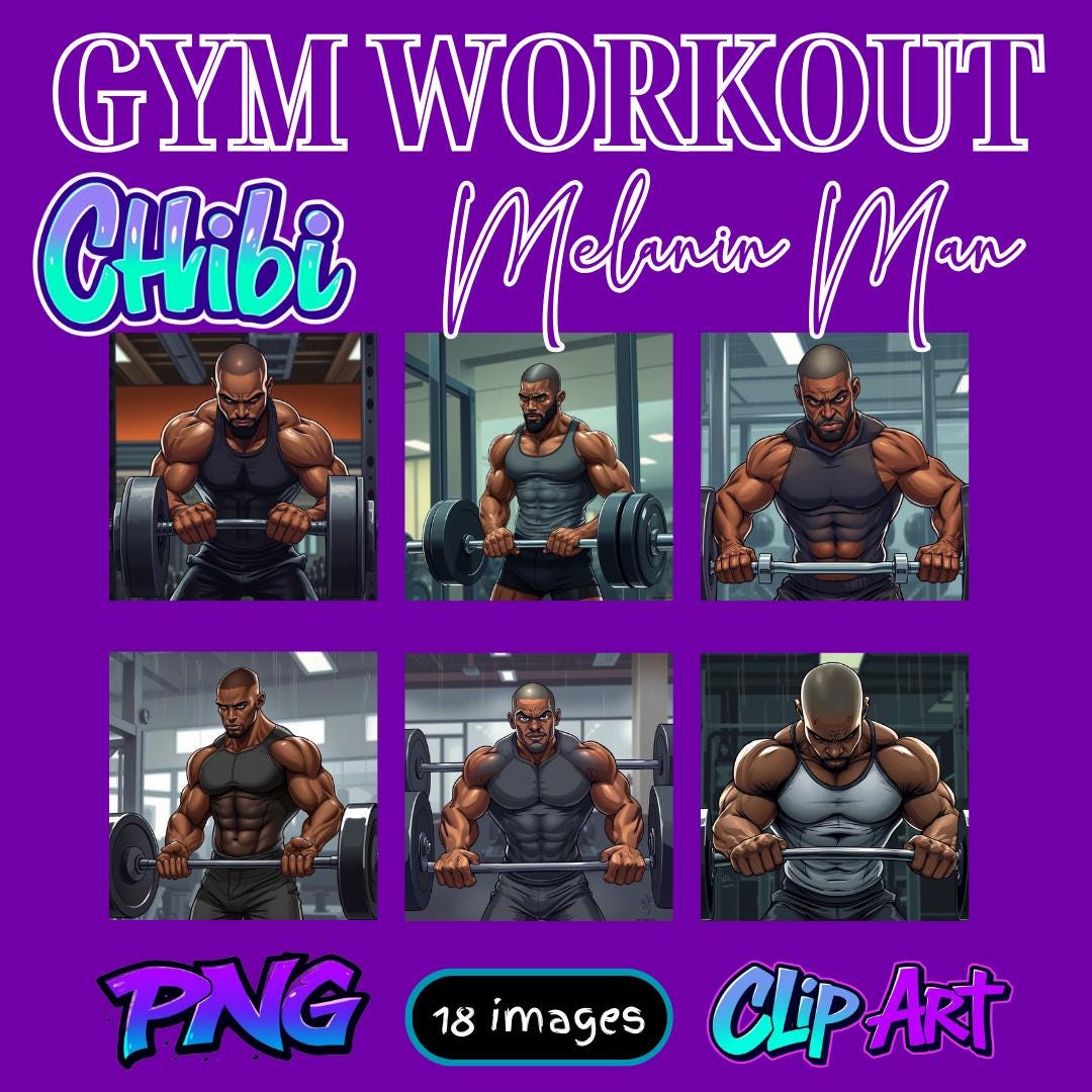 Chibi Melanin Man Gym Workout Clipart 18 PNG Images Chibi Fitness Art ...