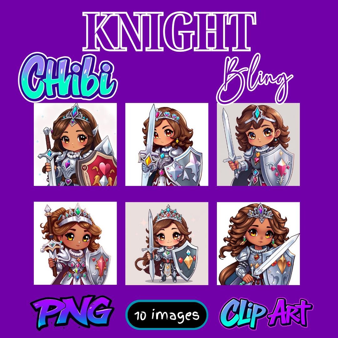 Chibi Bling Knight Clip Art 10 PNG Sparkly Fantasy Warrior Images Cute ...