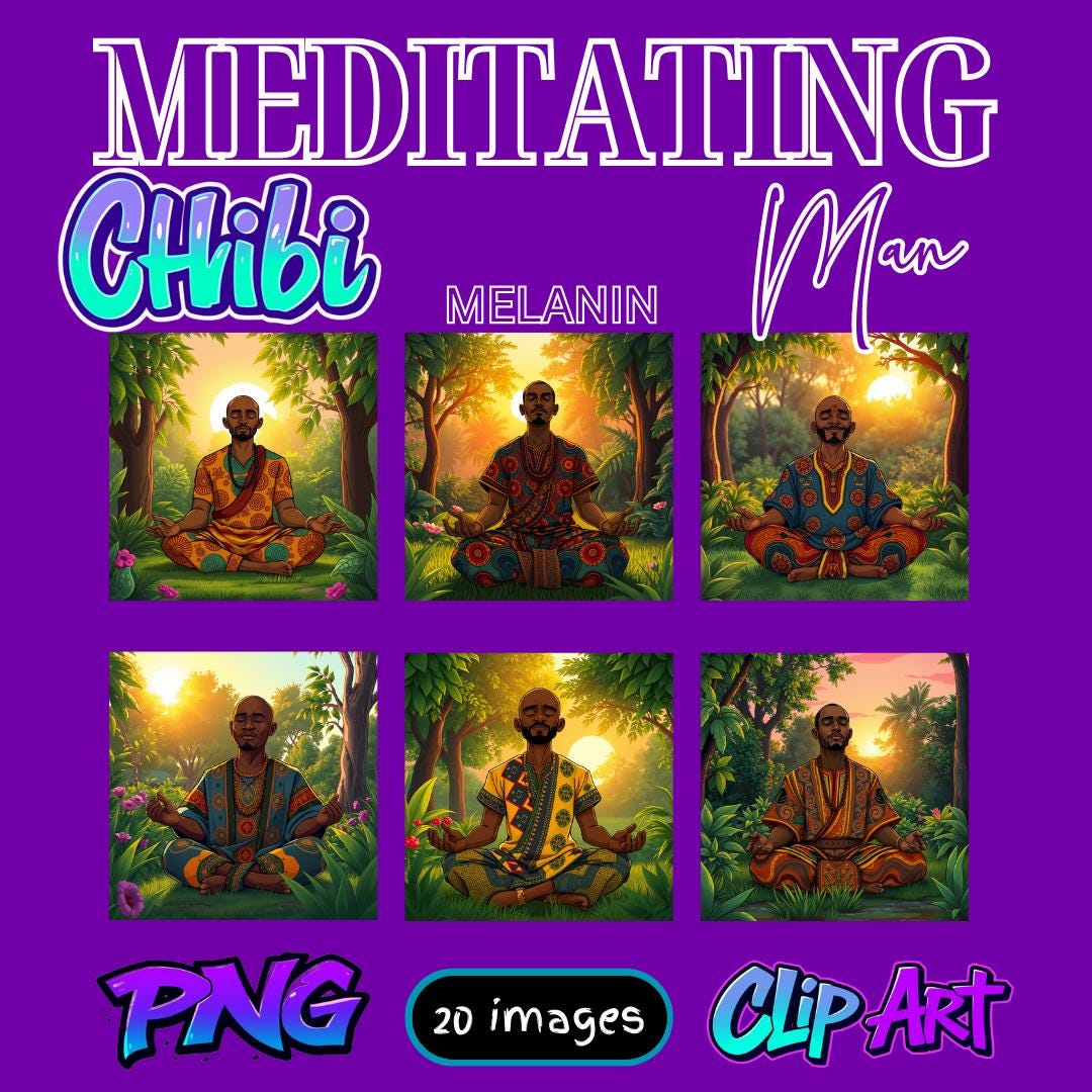 Meditating Melanin Man Chibi Clip Art 20 Peaceful Meditation Pngs ...