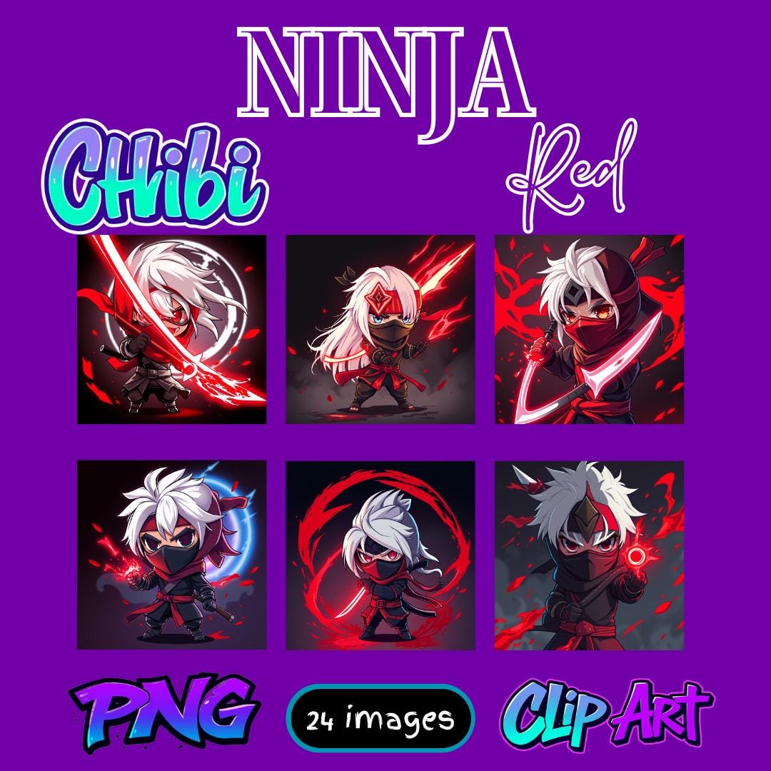 Red Ninja Chibi Clipart Set 24 PNG Fantasy Warrior Images With Swords ...