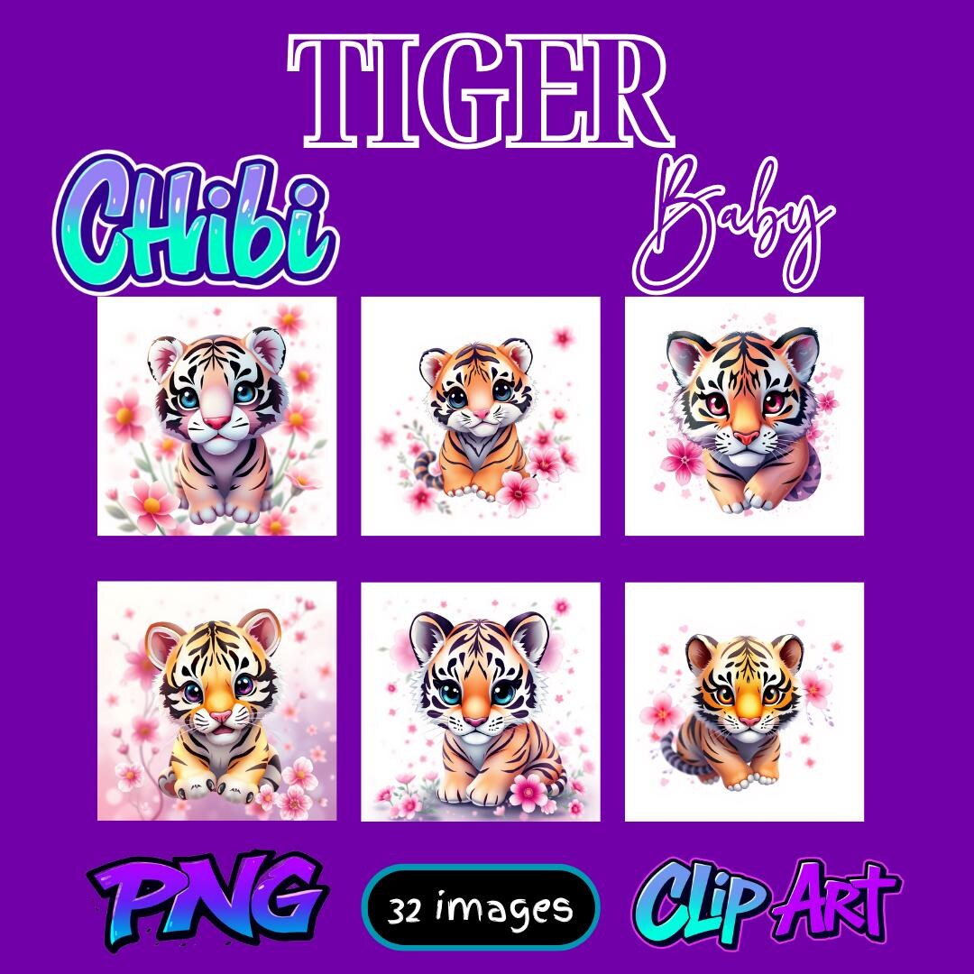 Chibi Baby Tiger Clip Art 32 PNG Adorable Jungle Animal Images Cute ...