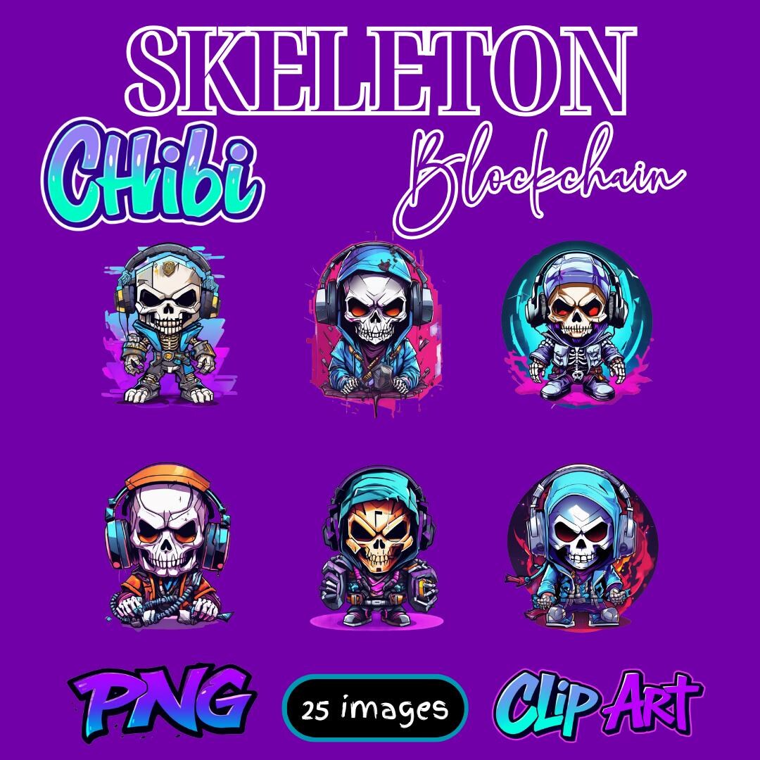Chibi Skeleton Blockchain Clip Art 25 PNG Cyberpunk Skull Characters ...