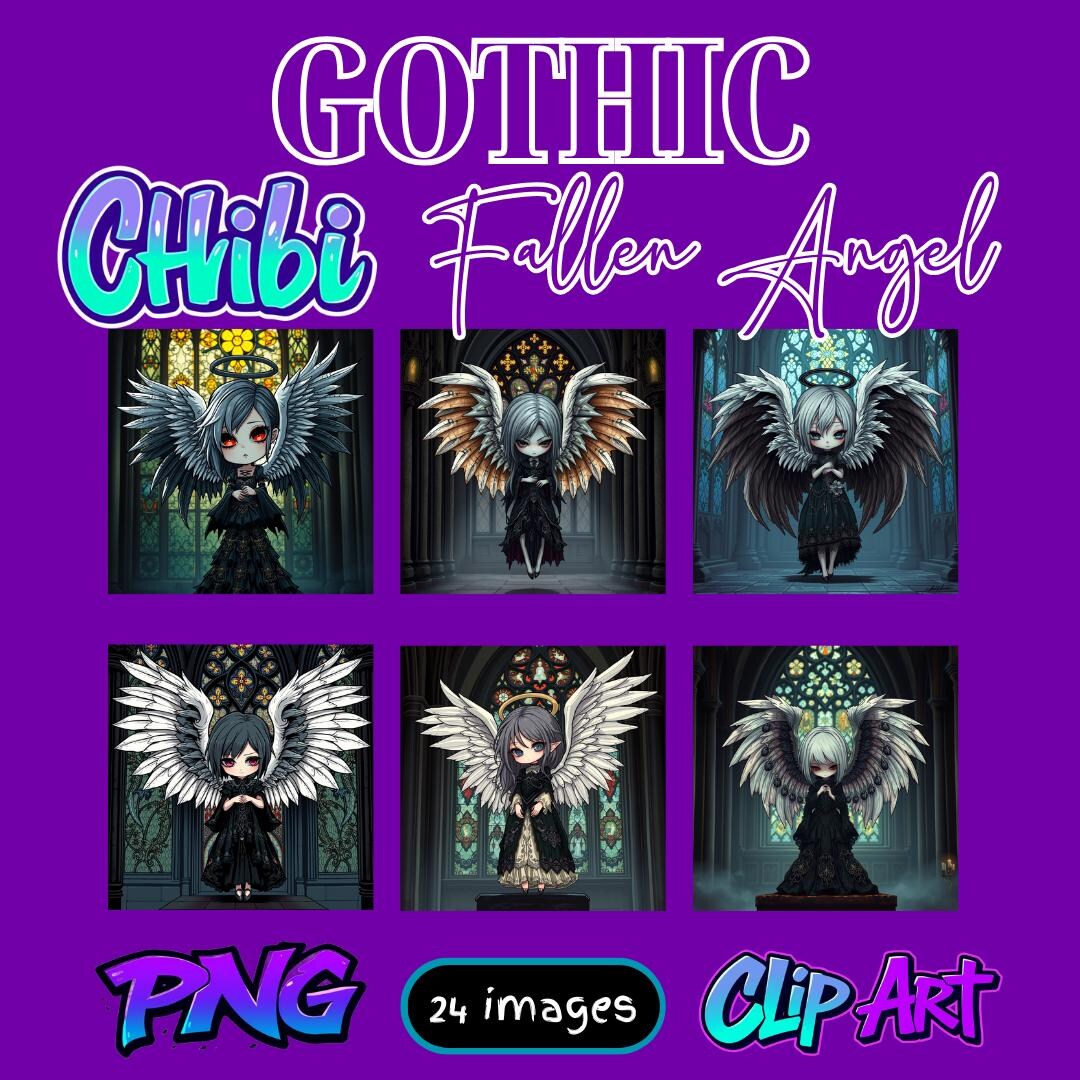 Gothic Fallen Angel Chibi Clip Art 24 Digital Images, Dark Fantasy ...
