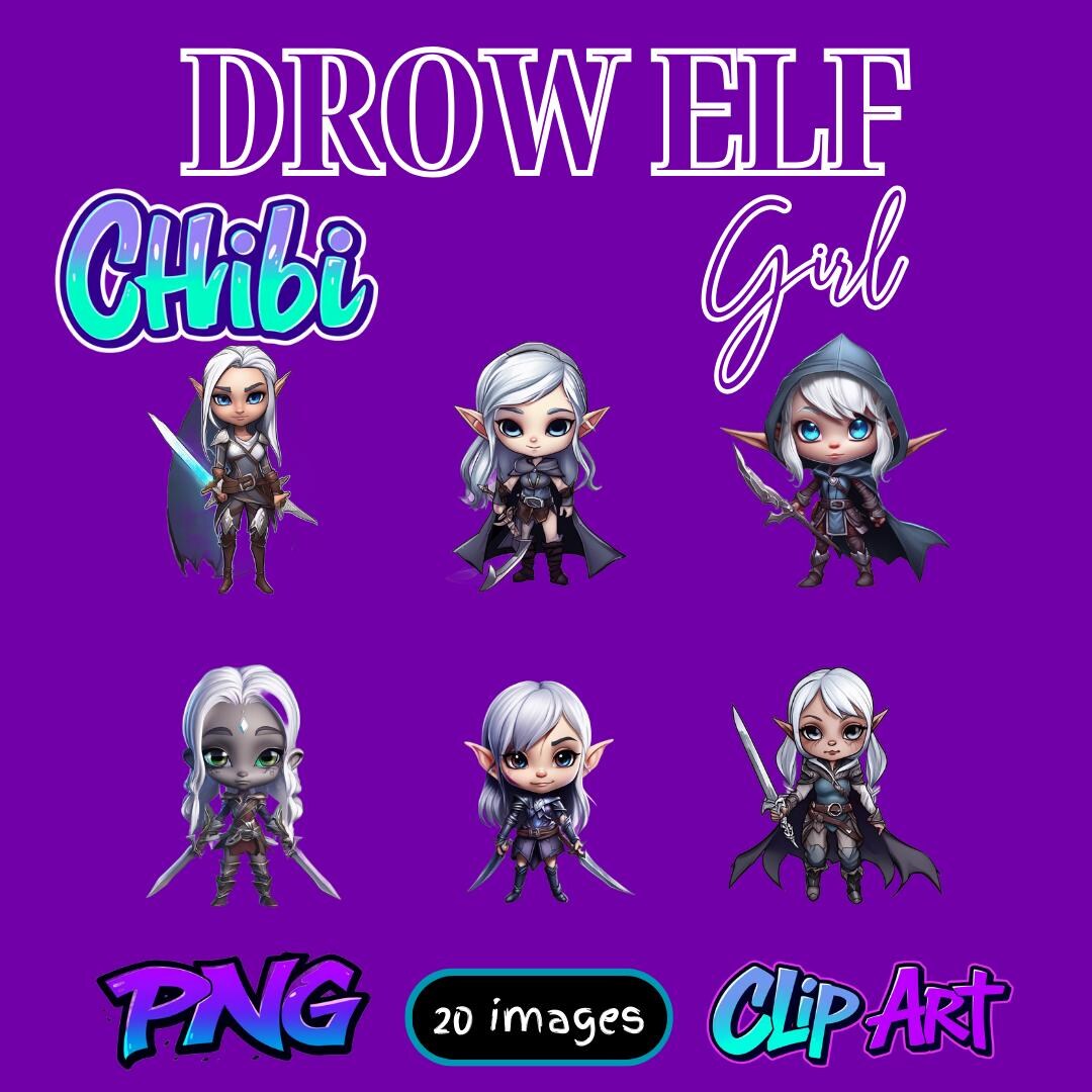 Chibi Drow Elf Girl Clip Art Set 20 Digital PNG Images Dark Fantasy Elf ...