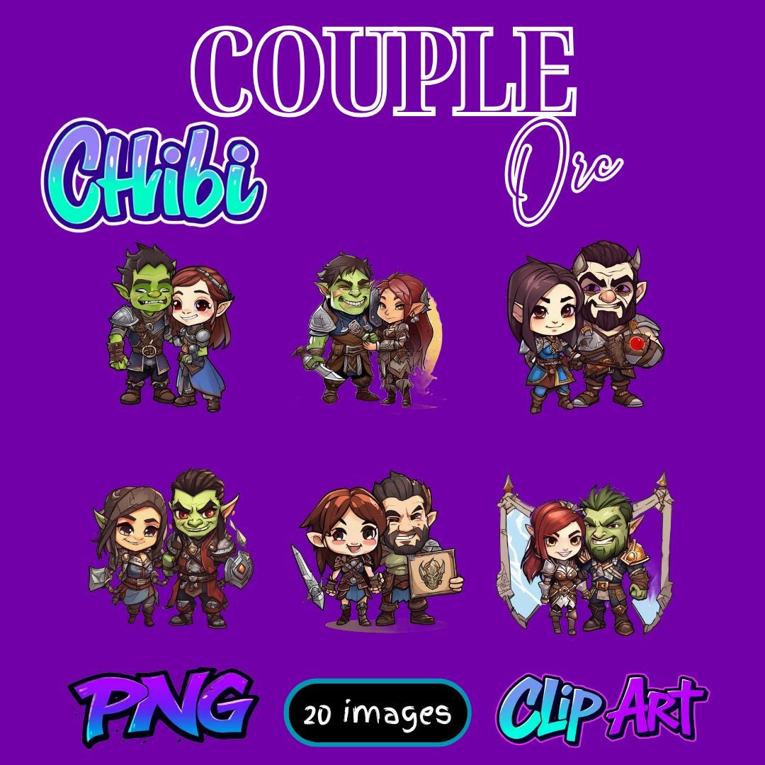 Chibi Orc Couple Clip Art Bundle 20 Pngs, Adorable Fantasy Duo, Cute ...