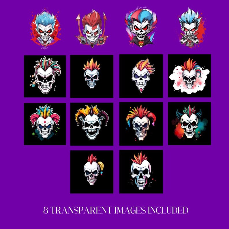 Jester Skull Chibi Clipart Bundle, 20 High-quality Pngs, Colorful, Dark ...