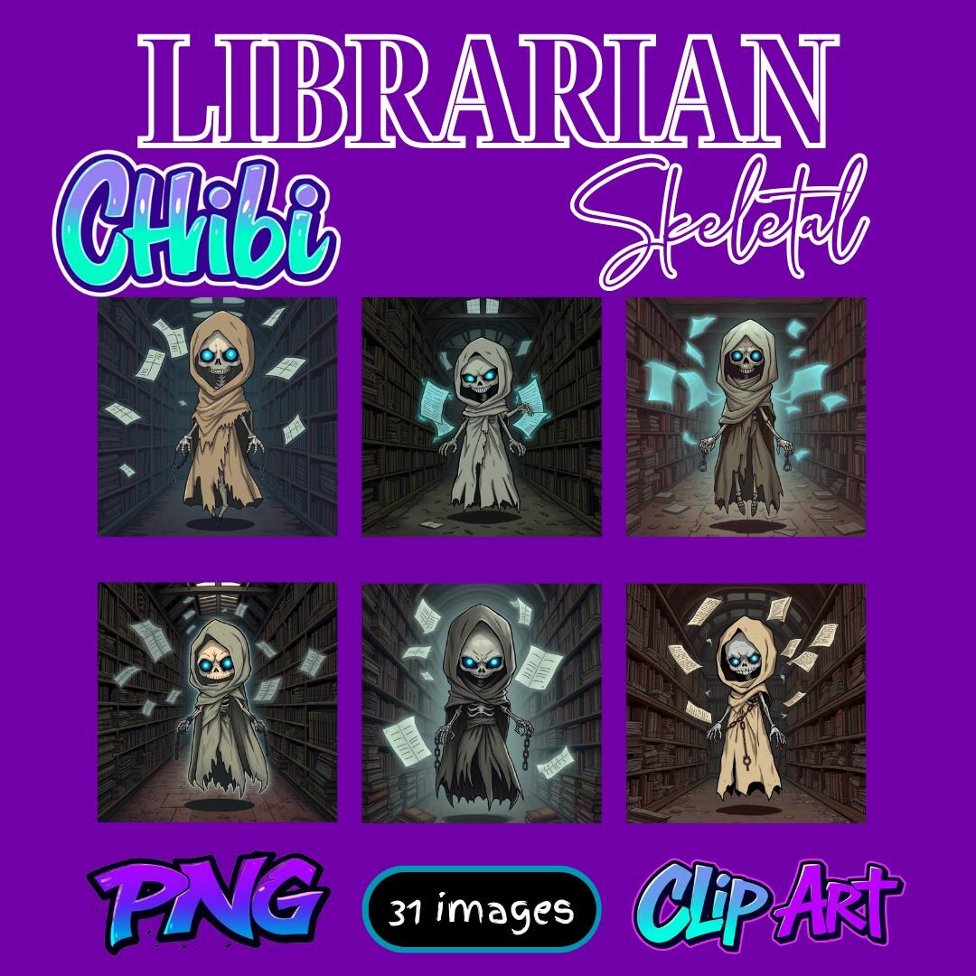 Skeletal Librarian Chibi Clipart Set 31 PNG Images Spooky Ghost ...