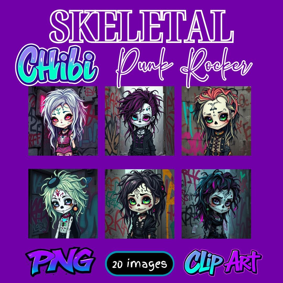 Skeletal Punk Rocker Chibi Clip Art 20 PNG Images Edgy and Gothic Punk ...