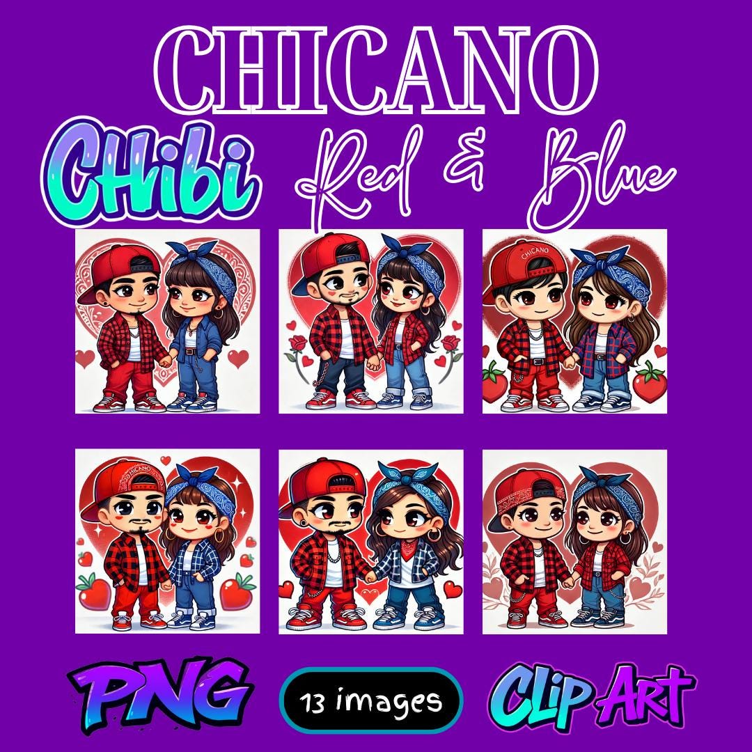 Chicano Red & Blue Chibi Clip Art 13 PNG Illustrations Cute Couple Art ...