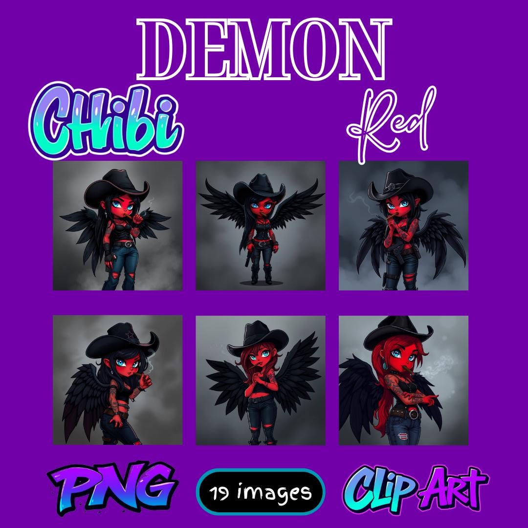 Red Demon Chibi Clipart Set 19 PNG Images, Dark Fantasy Demon Cowboy ...