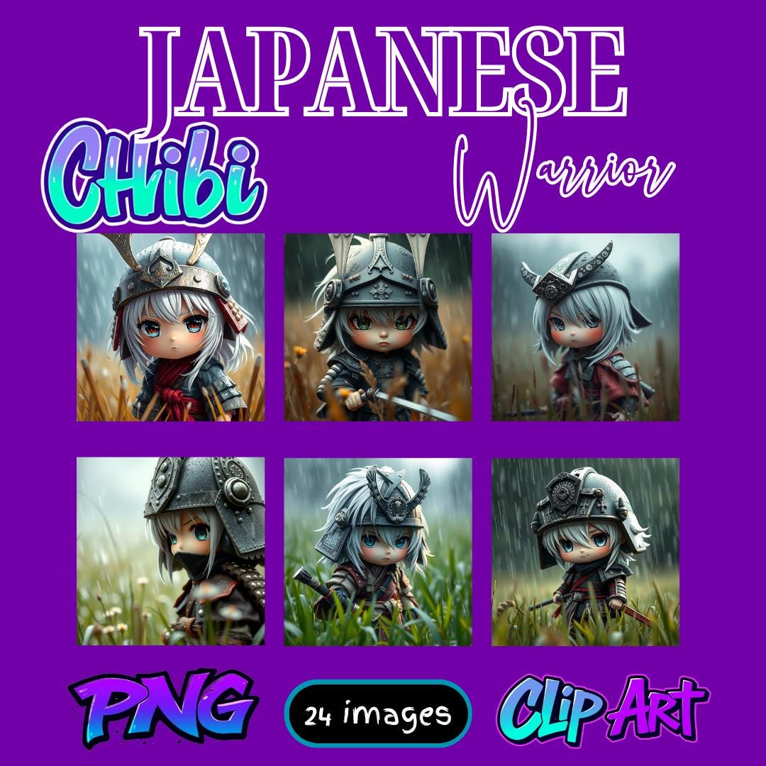 Japanese Chibi Warrior Clip Art Bundle 24 Pngs, Samurai Digital Art ...