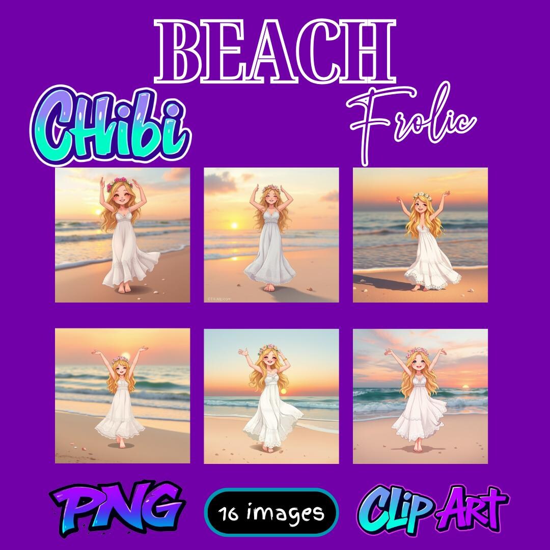 Beach Frolic Chibi Clip Art 16 PNG Illustrations Cute Summer Beach Girl ...
