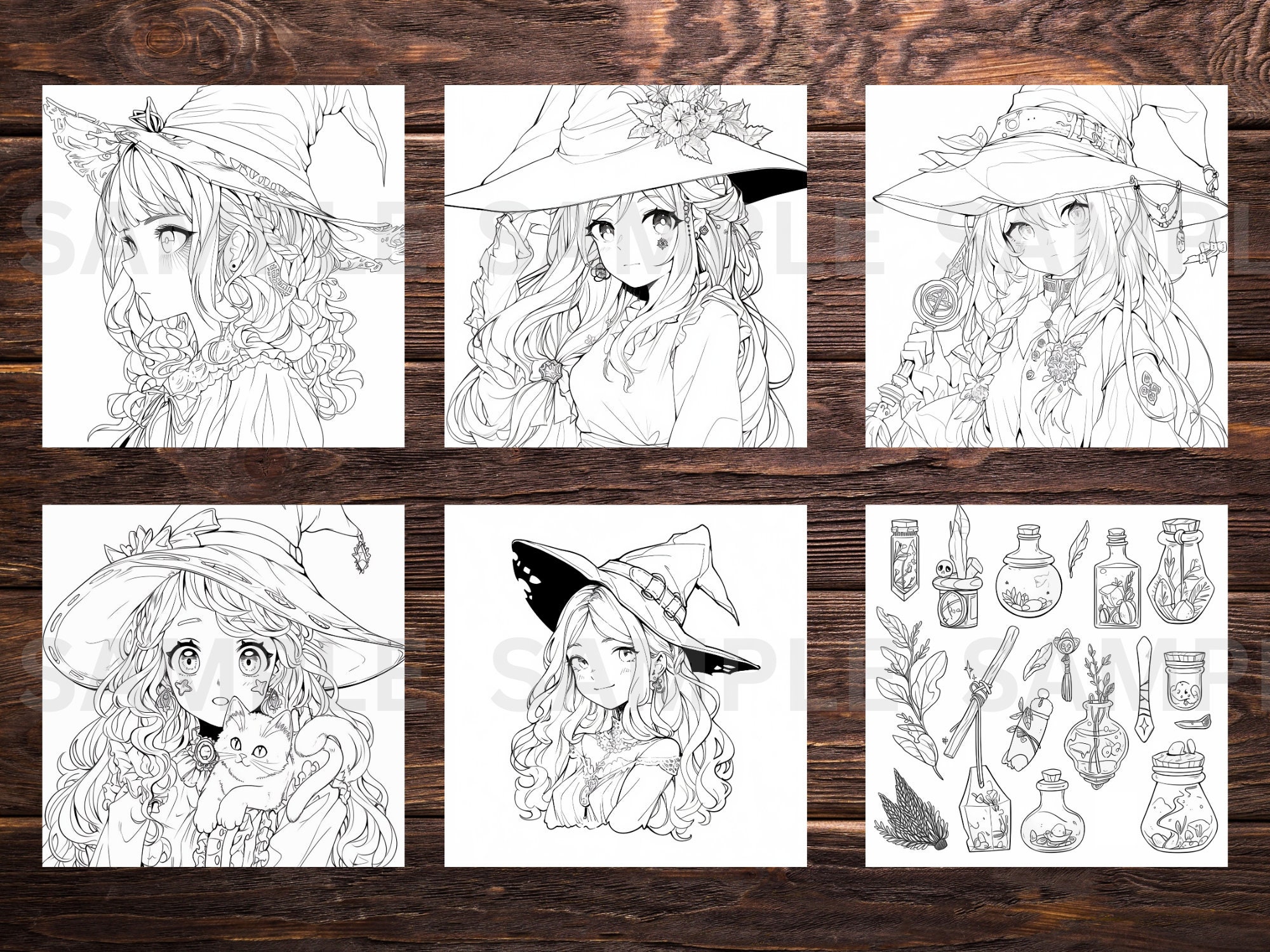 Witch Girl Coloring Book, Adults + Kids- Instant Download Grayscale ...