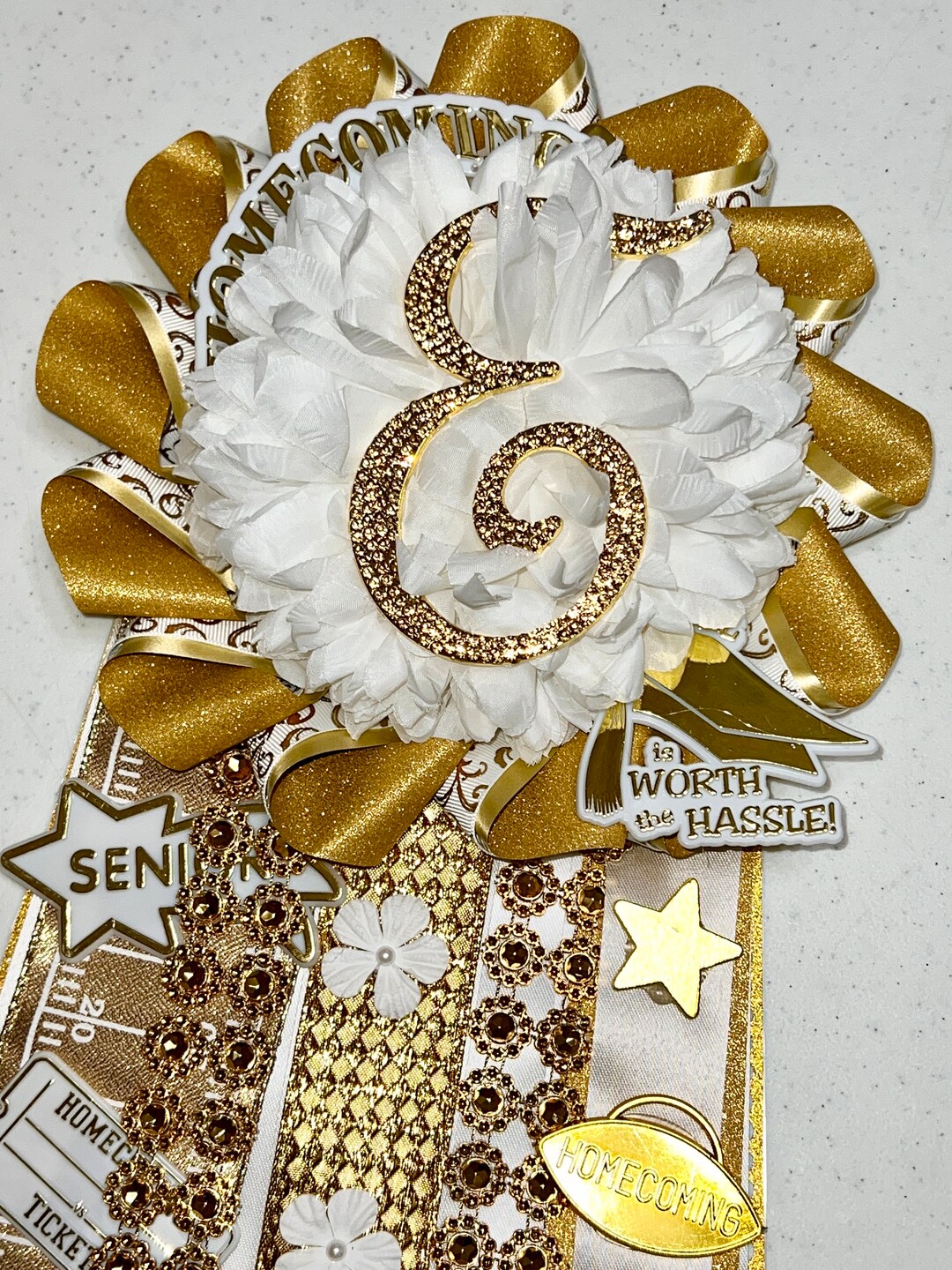 SENIOR CLASSIC HOMECOMING Gold & White Mum Rhinestone Initial - Etsy