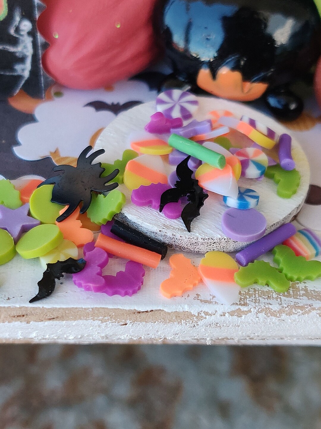 Assorted Halloween Candies With White Wood Base, Halloween Candies ...