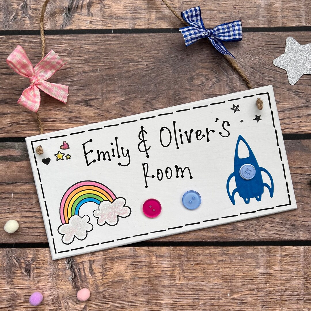 Personalised Twins Door Sign: Rocket Rainbow Sibling Decor - Etsy