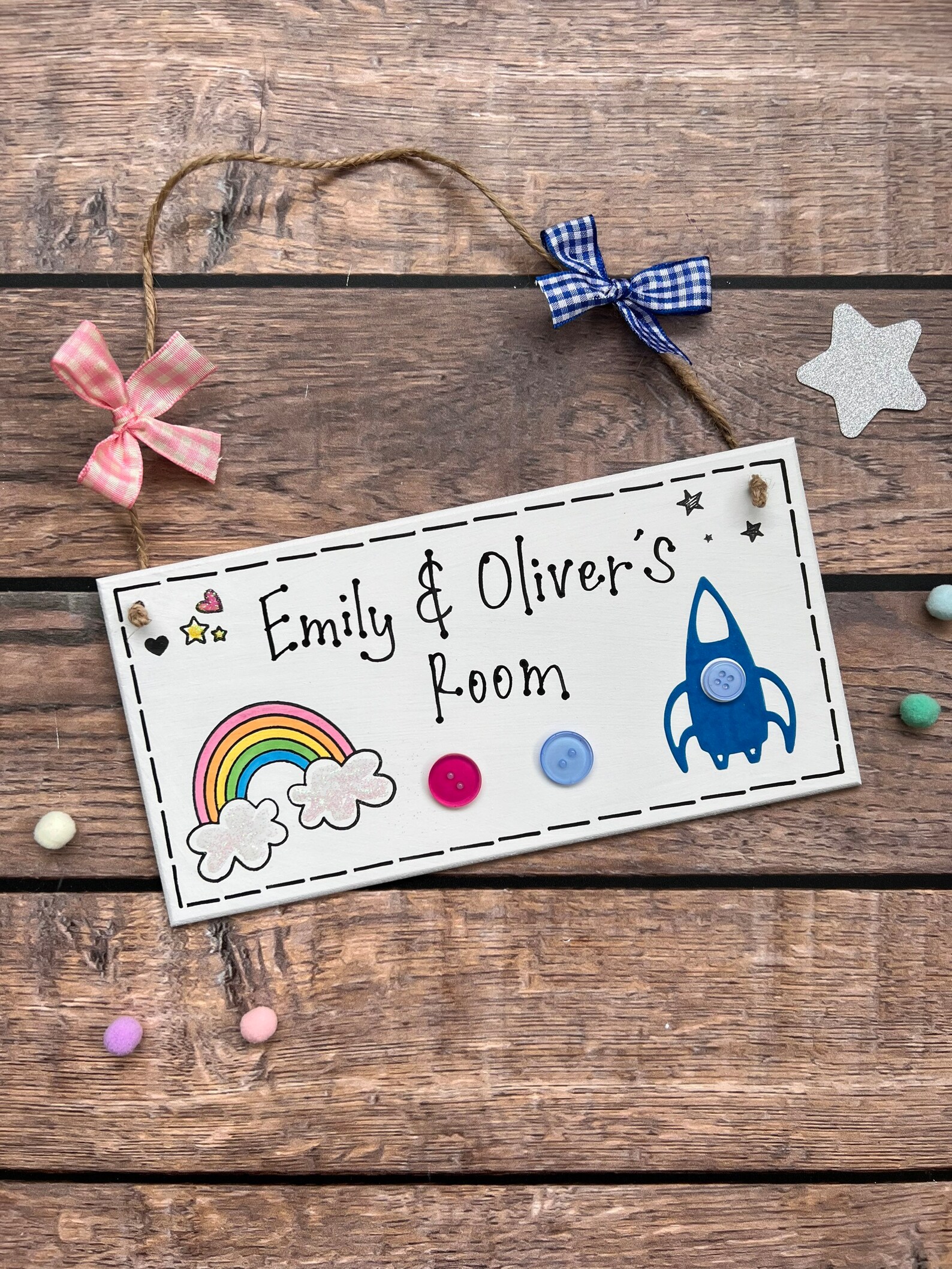 Personalised Twins Door Sign: Rocket Rainbow Sibling Decor - Etsy