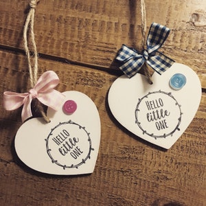 Baby Hamper Label Sign Plaque Tag Blue Pink Heart Hanging Hello Little ...