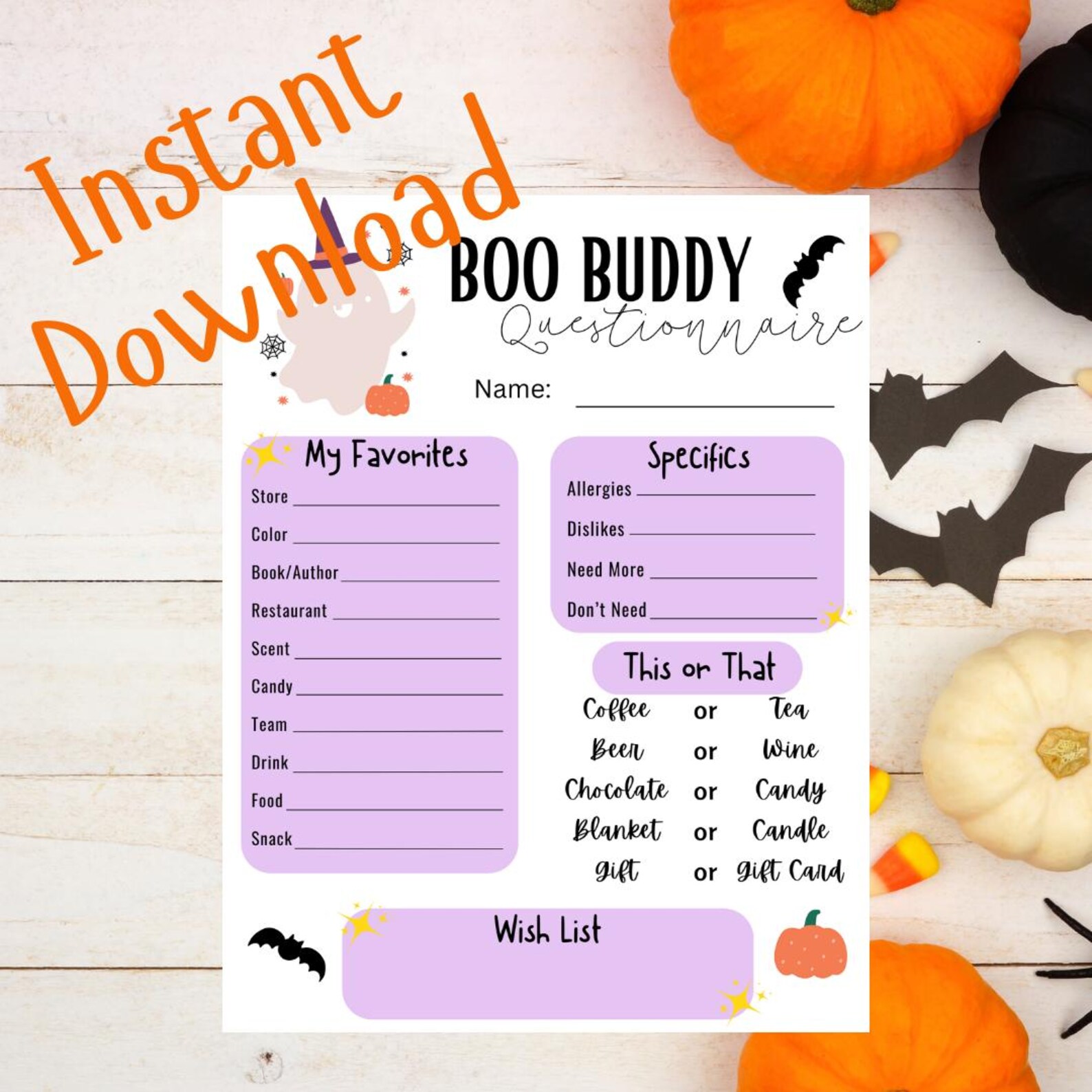 Boo Buddy Questionnaire, Digital Download, Pumpkins, Halloween, Fun Boo ...