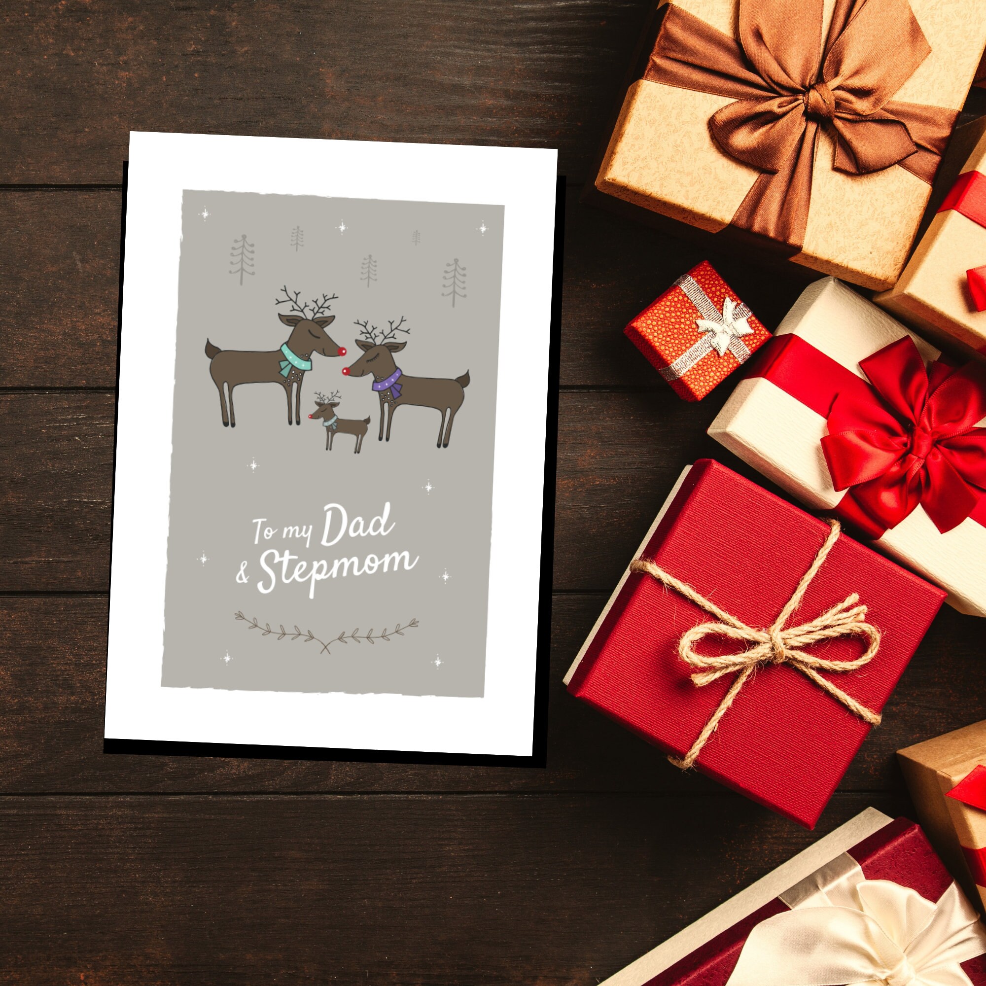 To My Dad And Stepmom Christmas Card Reindeer Greetings Card Etsy Uk