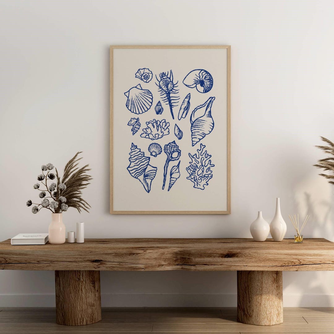 Blue Seashells Art Printable | Seashells Linocut Art | Coastal ...