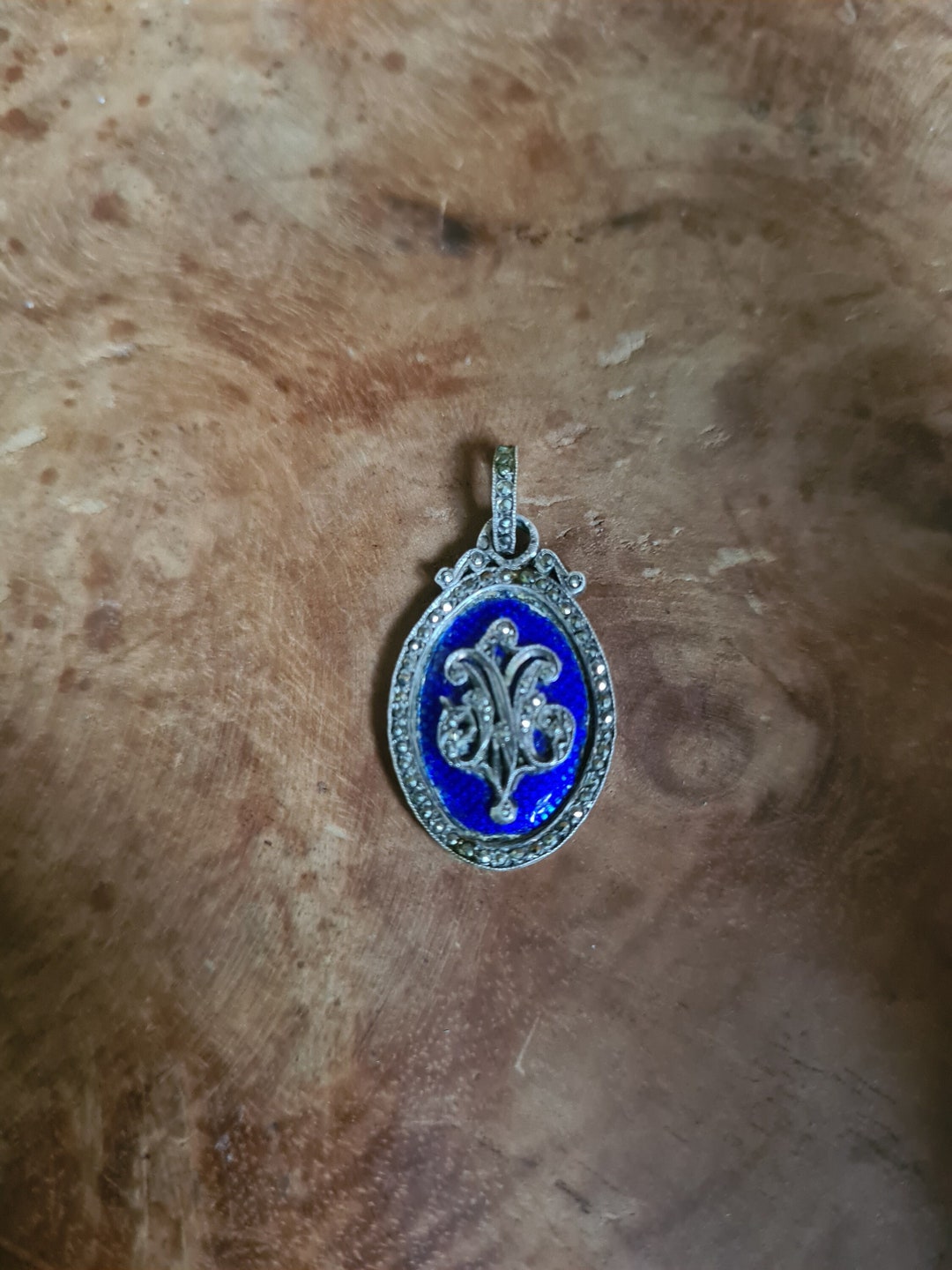 XIX Oval Medallion Pendant in Blue Guilloche Enamel Monogram and ...