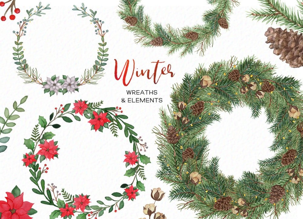 Handpainted Christmas Wreath Clipart - Winter Wreath Clipart ...