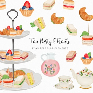Watercolor Tea Party Clipart: Cakes, Treats, Sandwiches (commercial Use ...