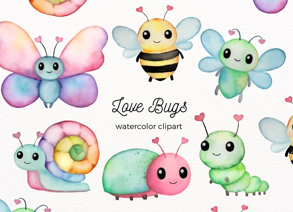 Watercolor Love Bugs Clipart – Handpainted Spring Insects (digital ...