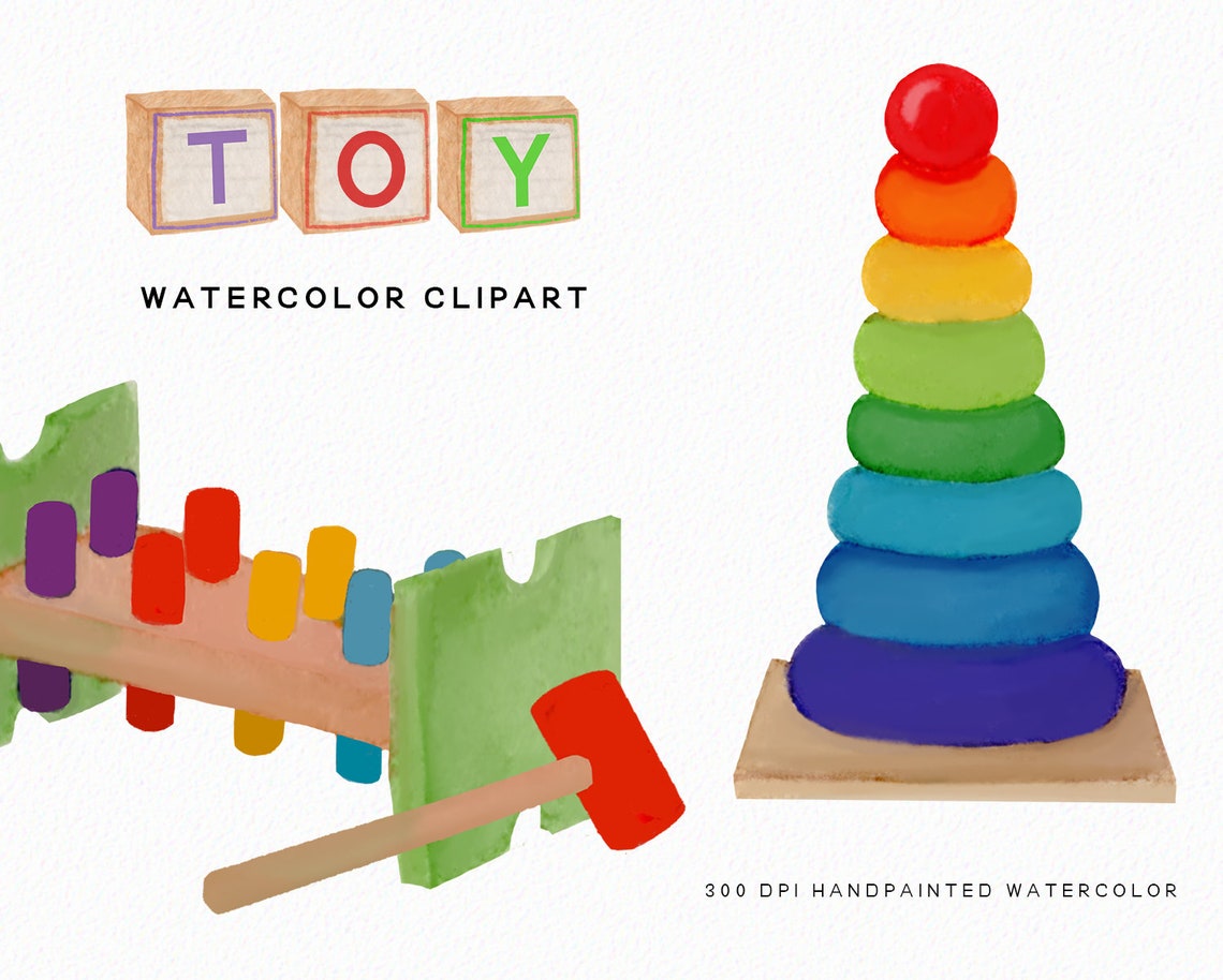 Handpainted Watercolor Toy Clipart - 55 Kids' Designs (commercial ...