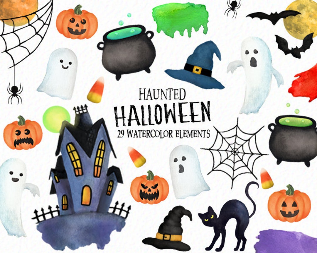 Halloween Clipart - Spooky Clipart - Haunted - Watercolor Halloween ...