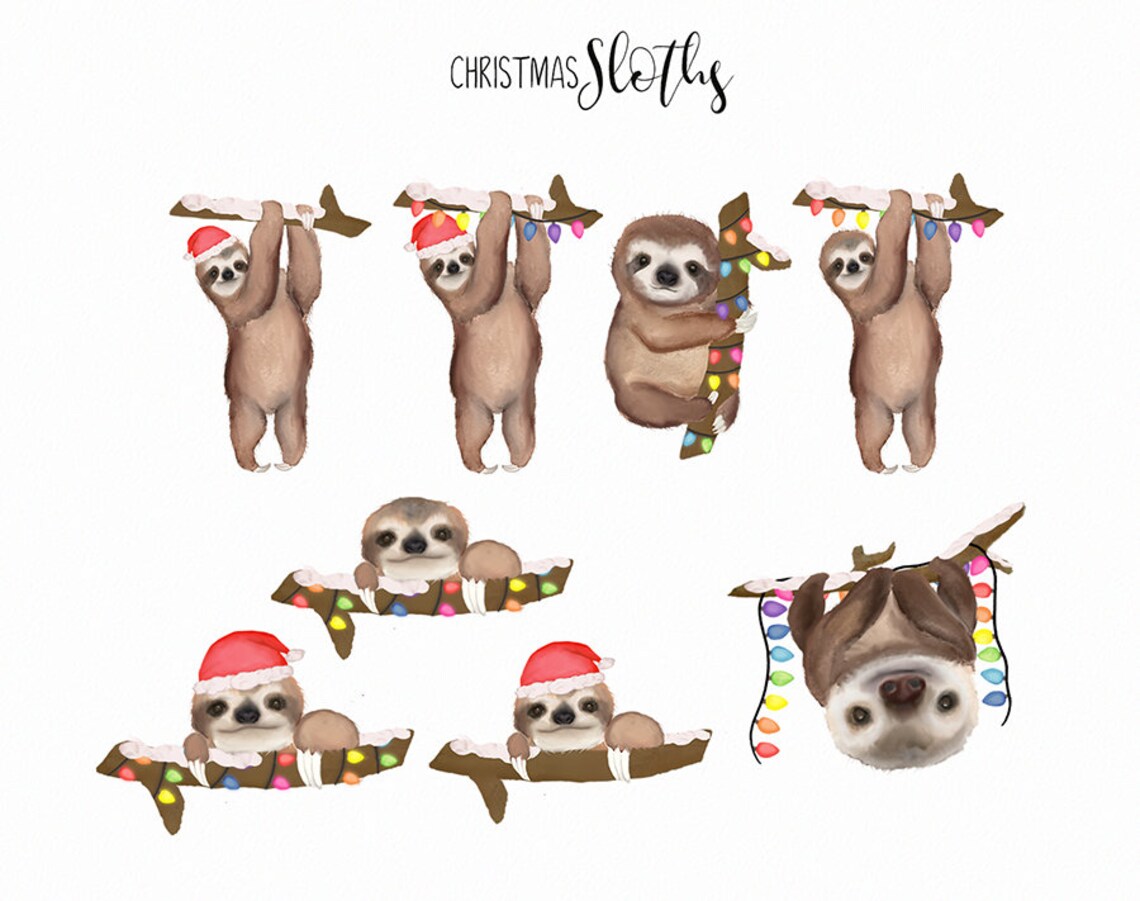 Watercolor Sloths Christmas Clipart Holiday Sloth Clipart - Etsy