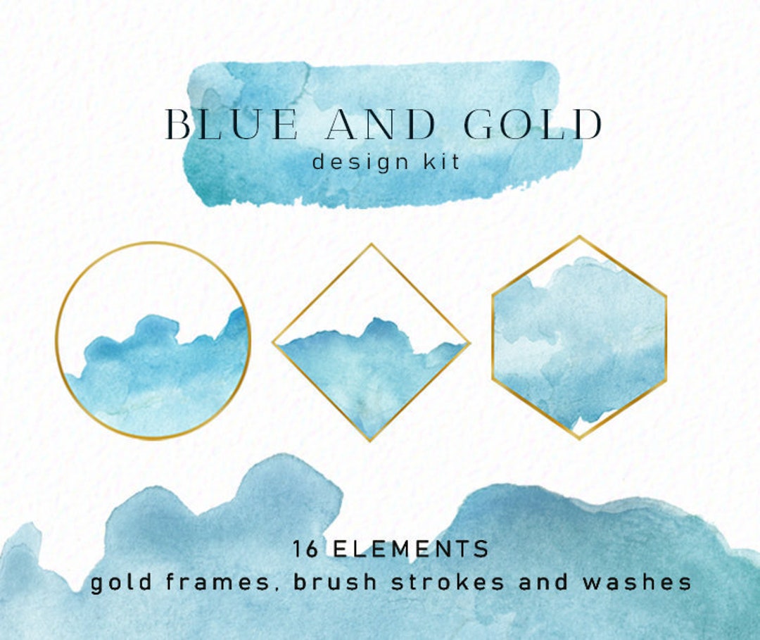 Handpainted - Blue and Gold Watercolor - Blue Brush Strokes ...