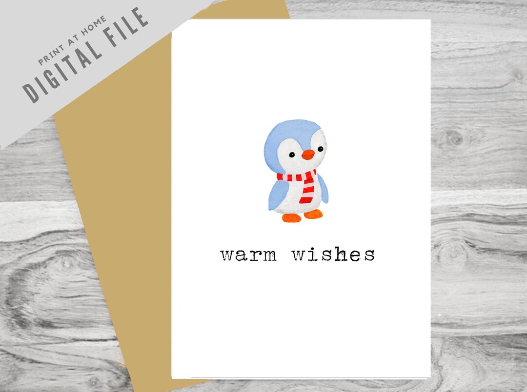 Handpainted Printable Holiday Card, Penguin Card, Digital Christmas ...