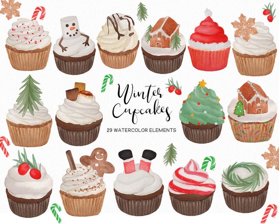 Winter Cupcake Clipart Watercolor Baking Clipart Winter - Etsy