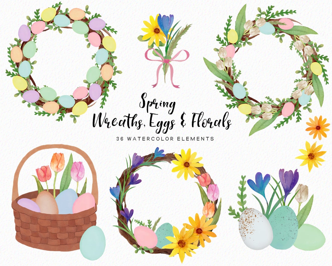 Handpainted Spring Easter Clipart - Wreath Clipart - Easter Eggs ...