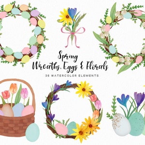 Handpainted Spring Easter Clipart - Wreath Clipart - Easter Eggs ...