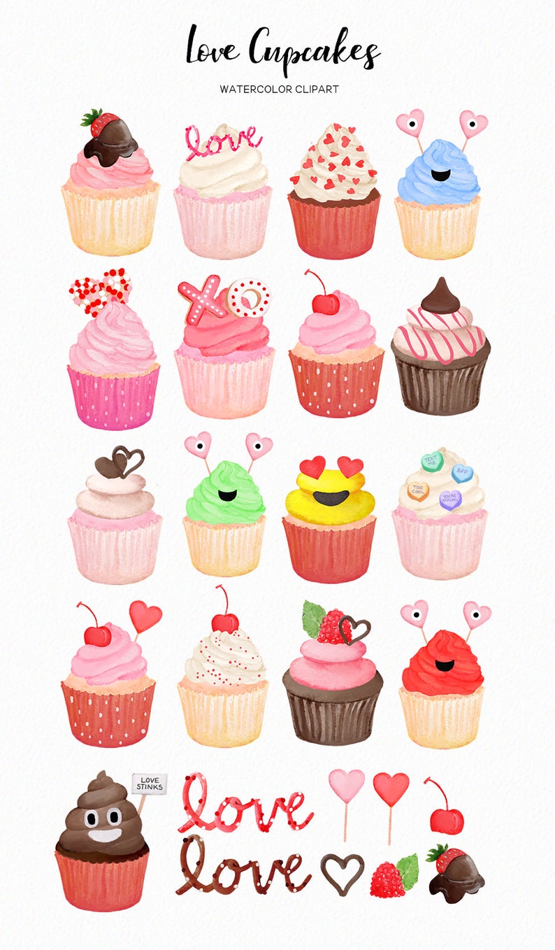 Watercolor Cupcake Clipart Valentines Cupcakes Cupcake Etsy