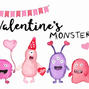 Handpainted Valentine's Monsters Clipart - Cute Children's Art - School ...