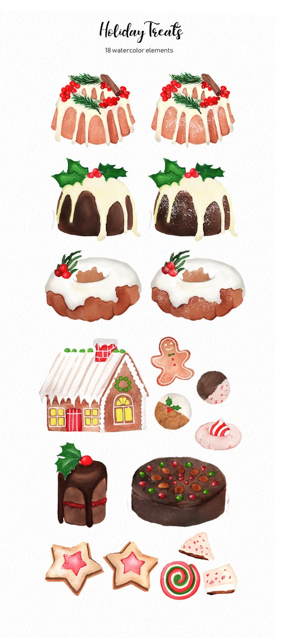 Christmas Dessert Clip Art Watercolor Christmas Dessert Clipart Set,