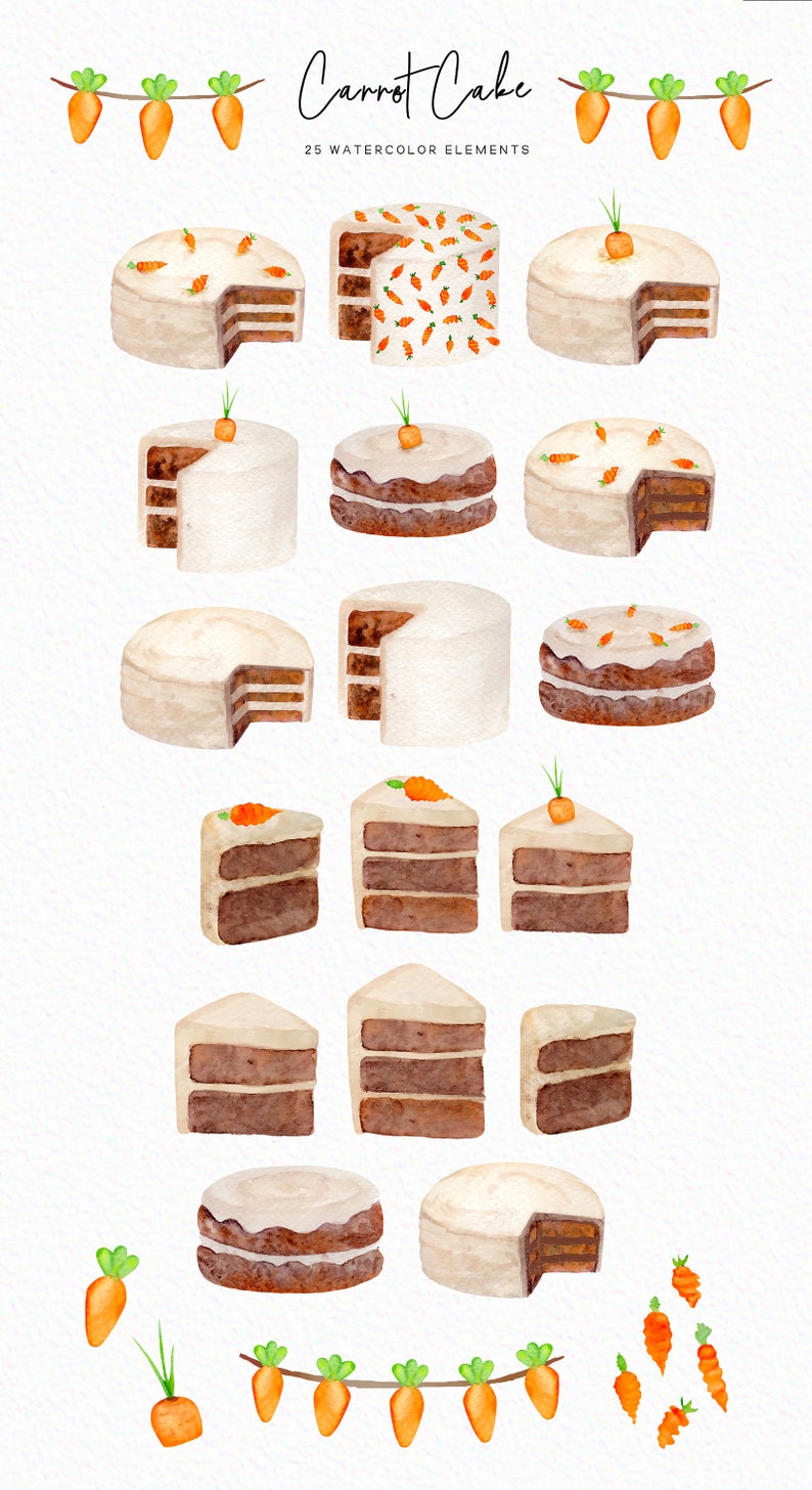 Handpainted - Watercolor Carrot Cake Clipart - Baking Clipart - Food ...