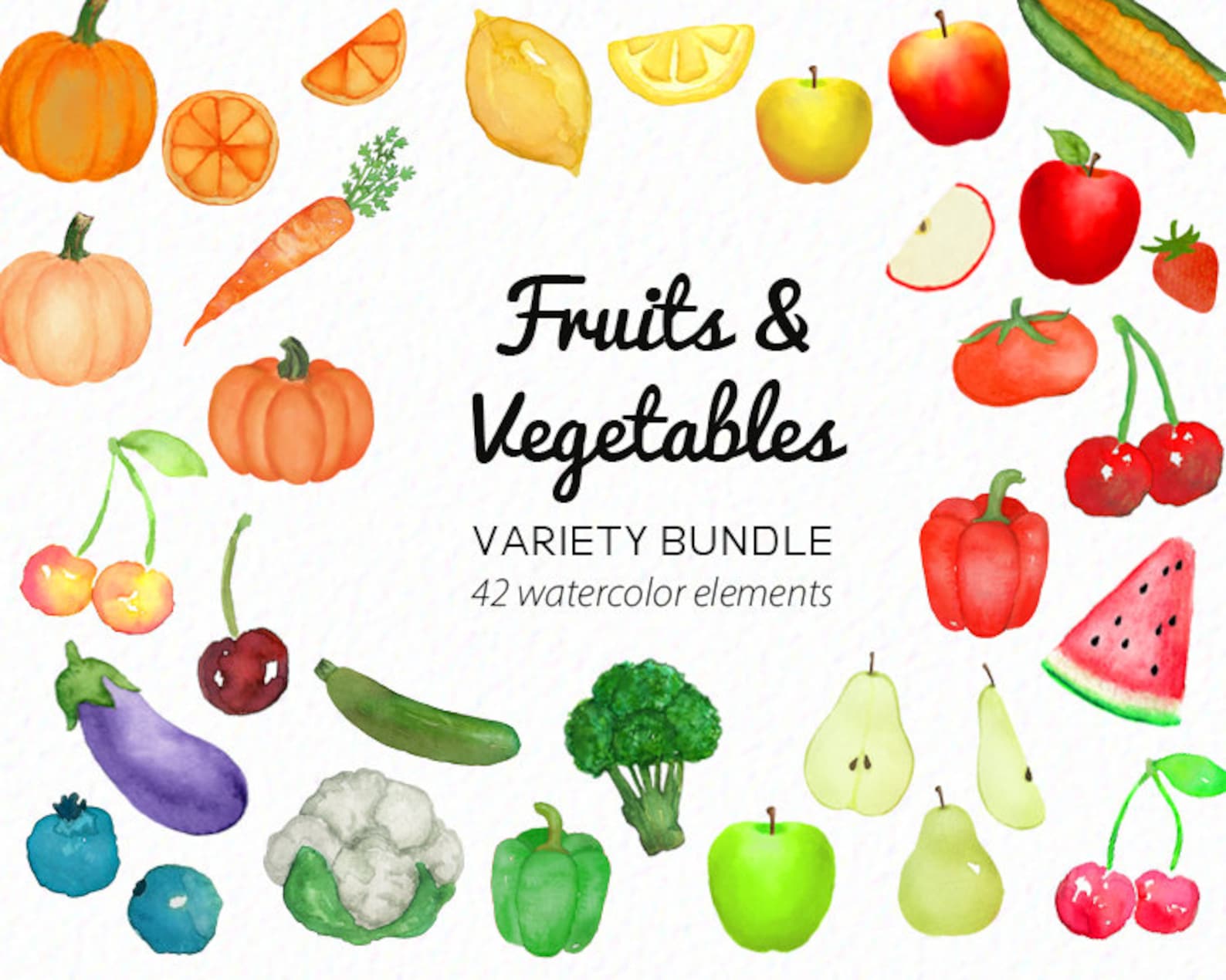 Watercolor Fruit and Vegetable Clipart Food Clipart Veggie - Etsy