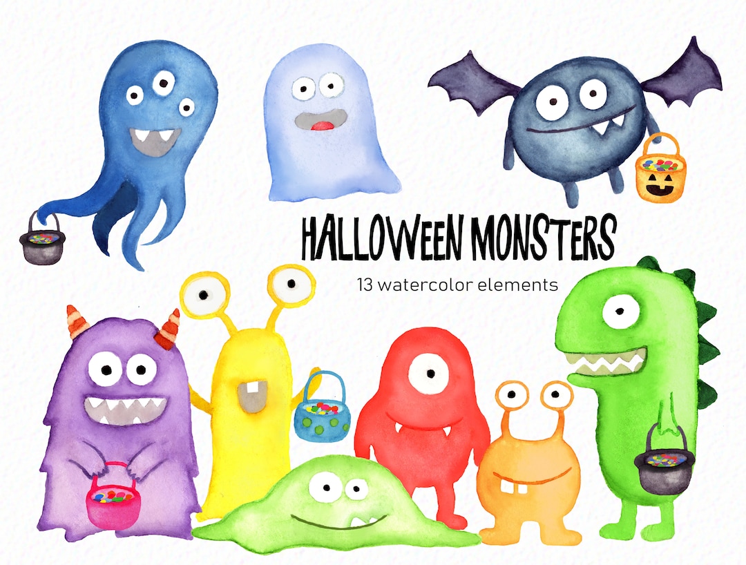 Halloween Monsters Trick or Treat Clipart Monster Clipart Watercolor ...