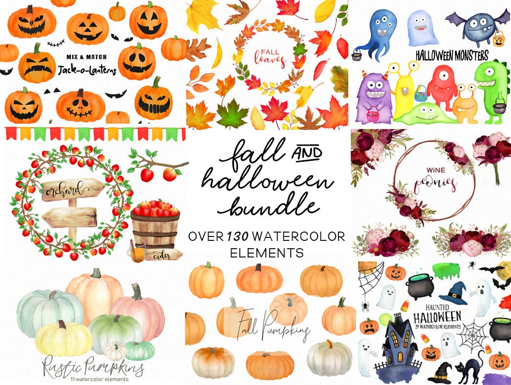 Handpainted Fall Clipart Bundle - Rustic Pumpkins - Halloween Clipart ...