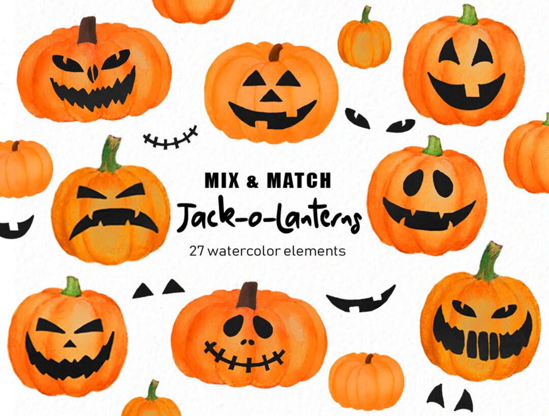 Handpainted Watercolor Jack-o-lantern Clipart: 27 Halloween Pumpkin ...