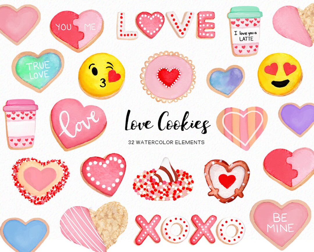 Handpainted Watercolor Cookie Clipart - Valentines Cookies - Cookie ...