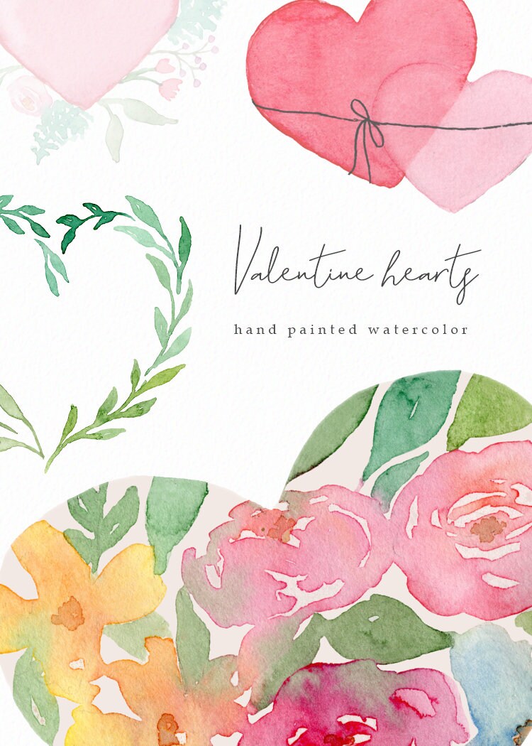 Handpainted Valentines Clipart - Watercolor Hearts - Watercolor Florals ...