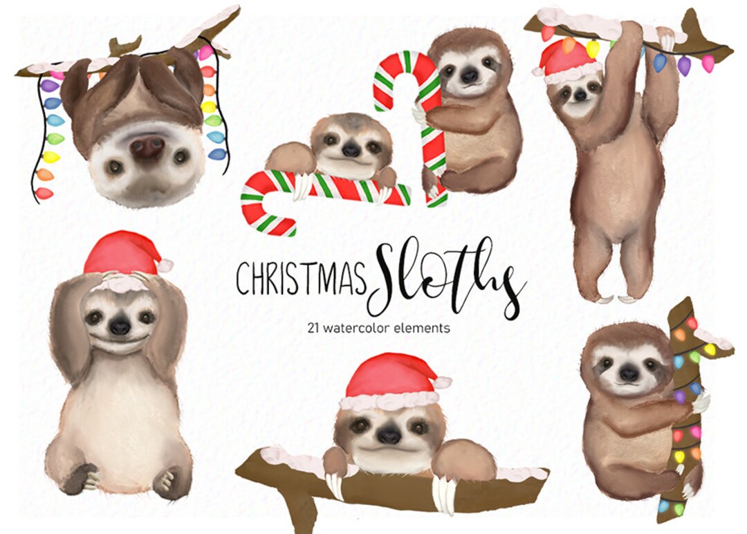 Watercolor Sloths Christmas Clipart Holiday Sloth Clipart Snow Clipart ...
